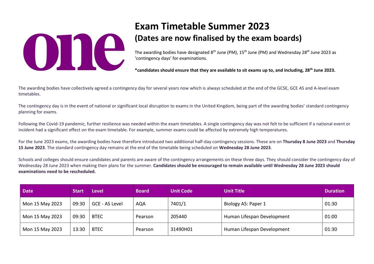 Summer 2023 Timetable - One Sixth Form College by Eastern... - Flipsnack