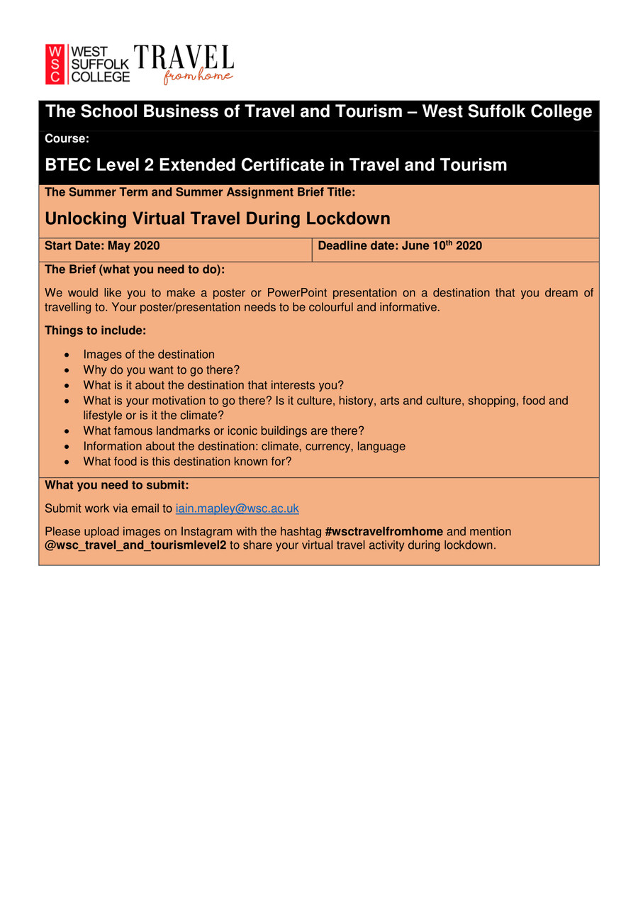 Summer Work - Level 2 Travel and Tourism Assignment by Eastern ...