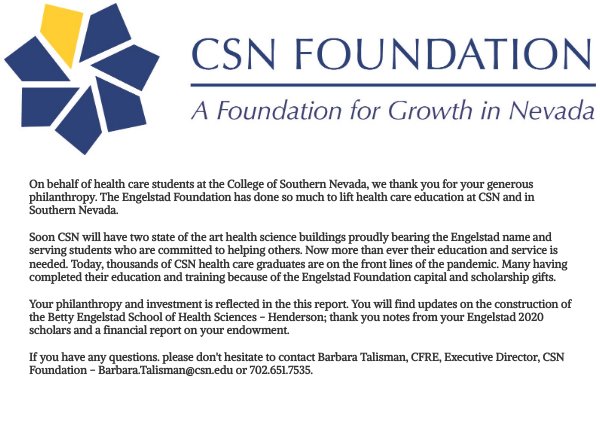 Report to the Engelstad Foundation CSN Foundation August 2020 by ...