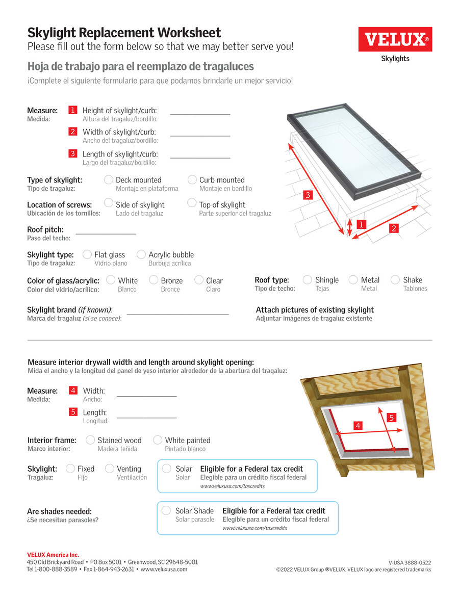Skylight Replacement Worksheet by VELUX Skylights
