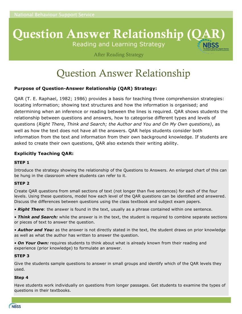 QUESTION ANSWER RELATIONSHIP (QAR) by Fiona Richardson - Flipsnack