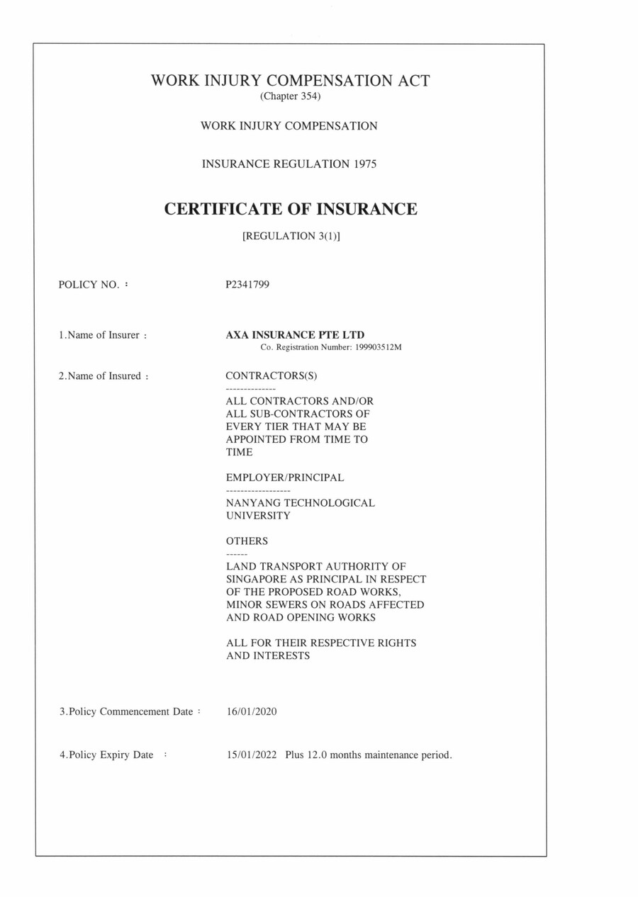 Exhibit B - Specimen Work Injury Compensation Insurance Policy by NTU
