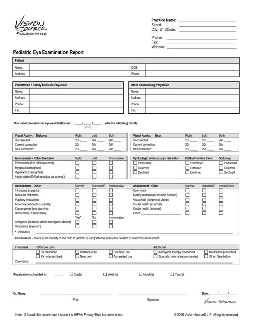 Pediatric Eye Examination Report Print Version By Vision Source 