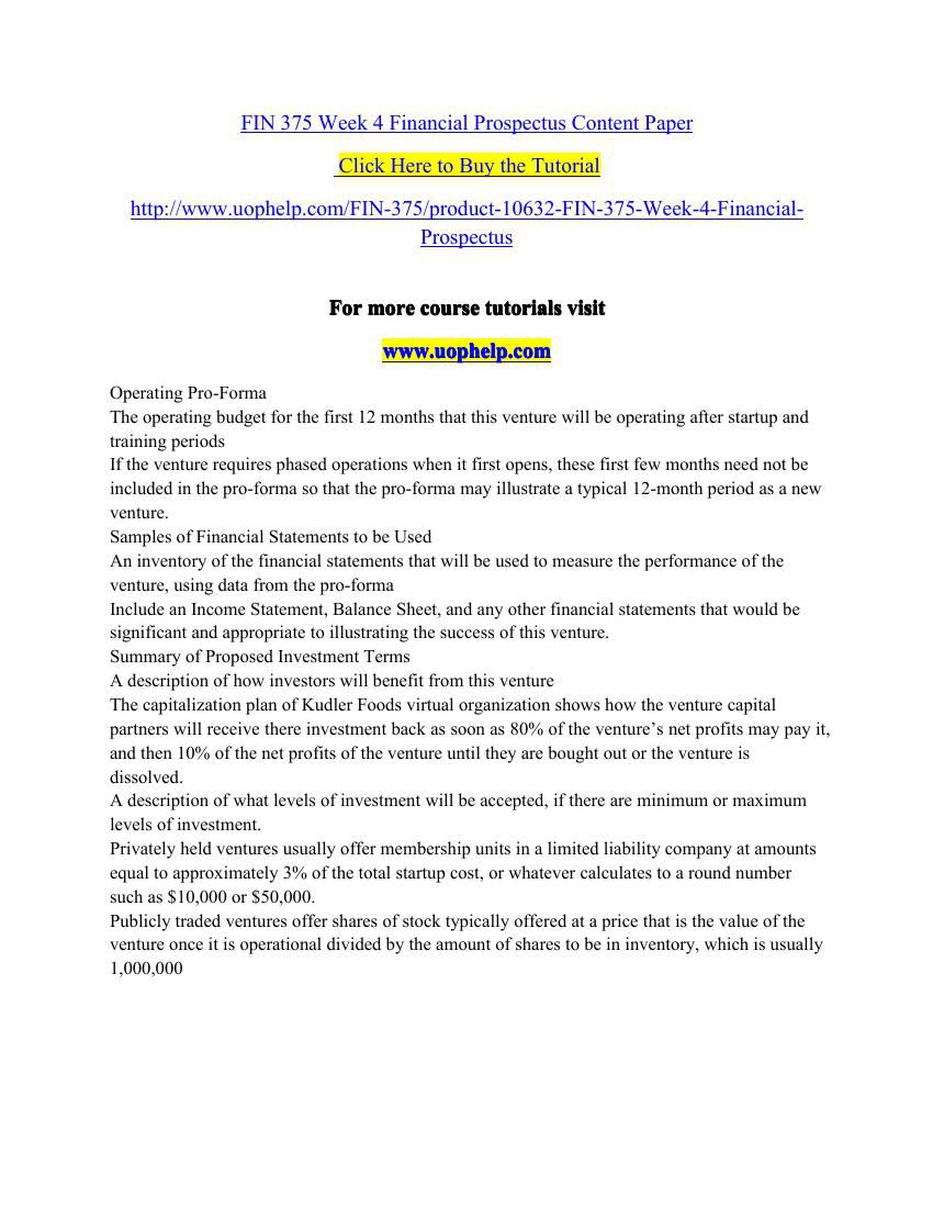 FIN 375 Week 4 Financial Prospectus Content Paper by FF6D6C87C6F ...