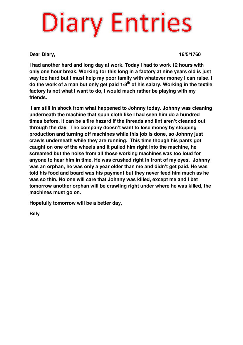 Diary Entries Of The Industrial Revolution By Cassie Crawshaw By Cassie