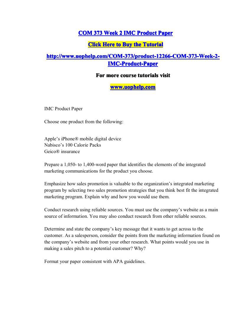 COM 373 Week 2 IMC Product Paper by happycool12 - Flipsnack