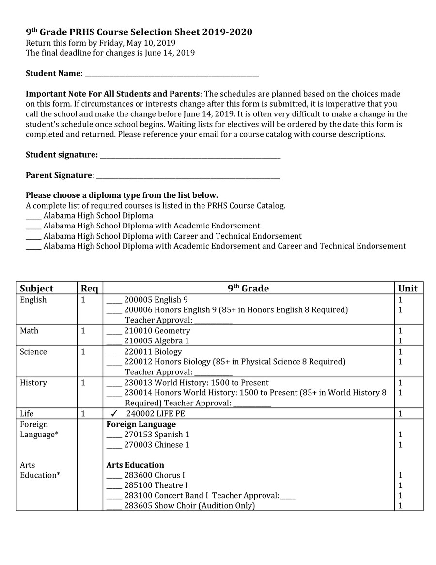 9th Grade PRHS Course Selection Sheet 2019 (2) by Turkessia - Flipsnack