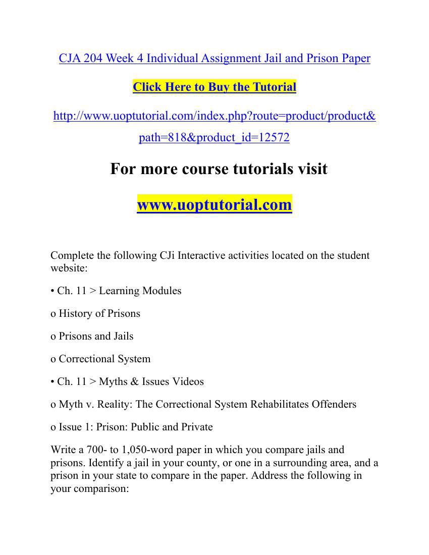 CJA 204 Week 4 Individual Assignment Jail and Prison Paper by ...