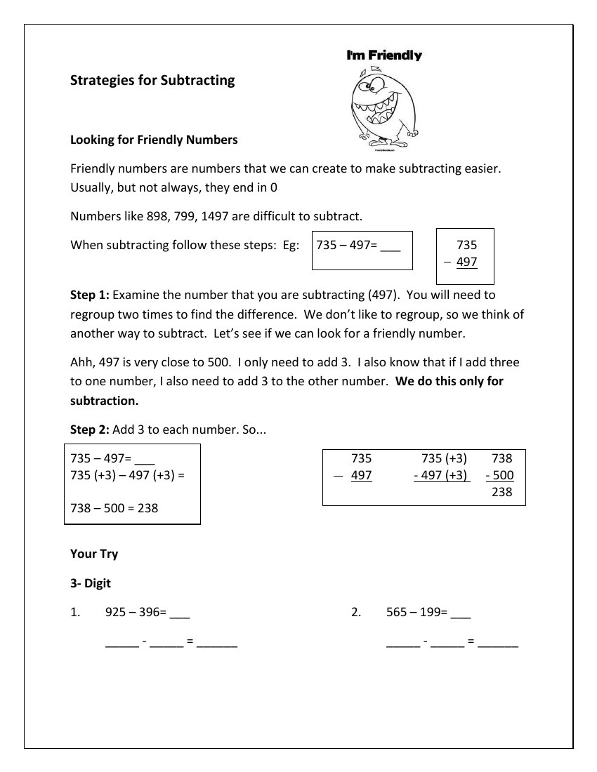 Subtraction Strategies: Friendly Numbers and Too Many 0's by Sandra ...